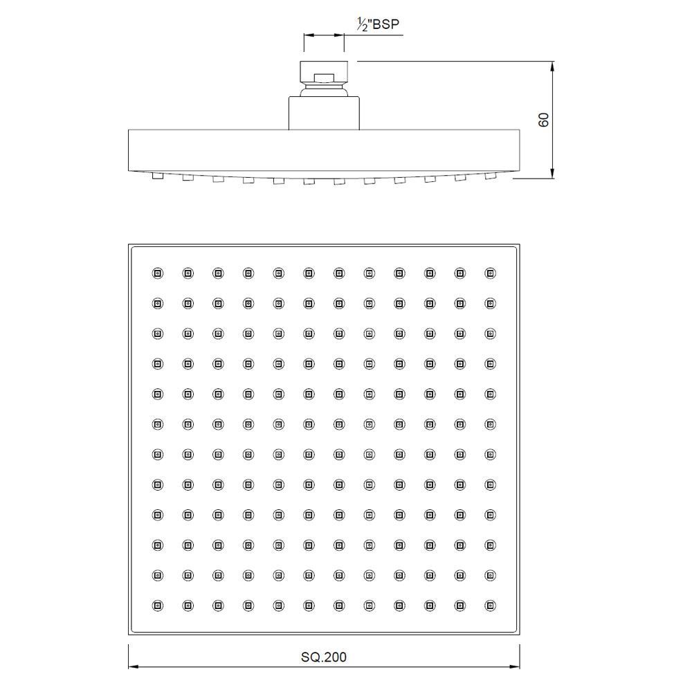 Square 200mm wide Overhead Rain Shower | ABS Body