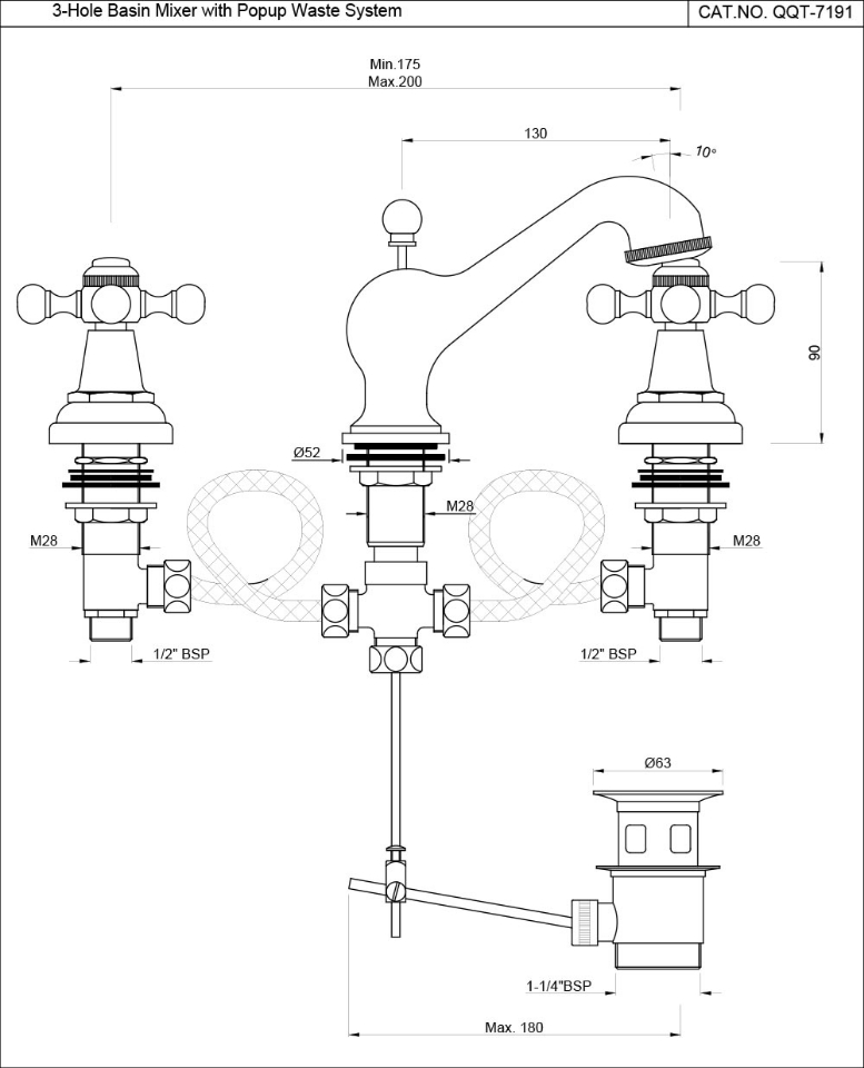 Queens, 3 Hole Basin Mixer | Popup Waste System