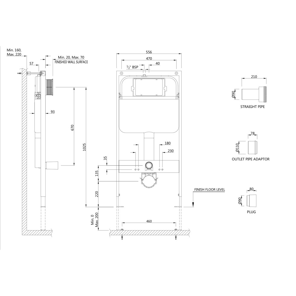 Slim concealed toilet cistern with floor mounting frame