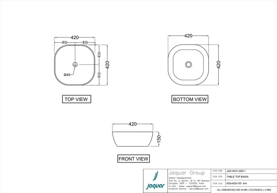 Designer Square TableTop Wash Basin | JDS-WHT-25911