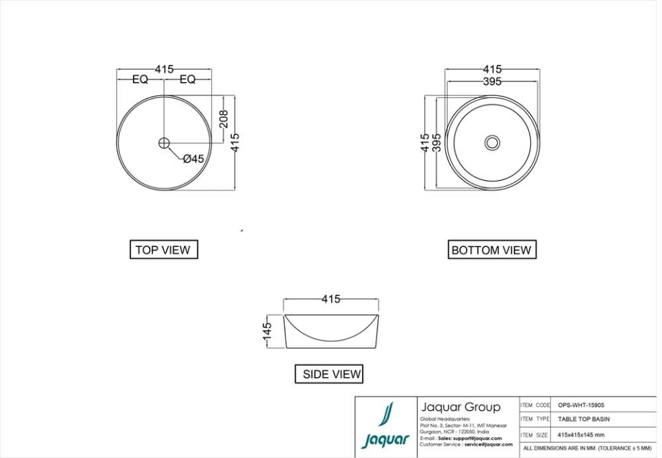 Opal by Jaquar Thin Rim Table Top Basin in Round Shape | Jaquar