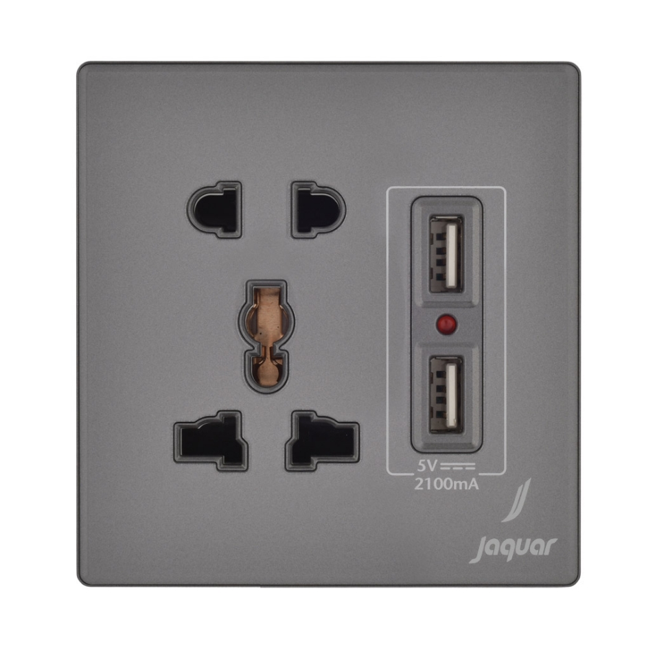 Universal Socket With Indicator With Double Usb 2.1A - Grey
