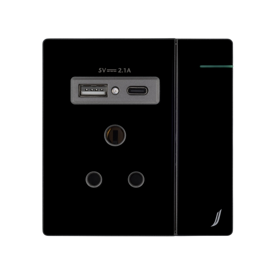 Black Finish 6Amp Combined Socket-Switch with Indicator